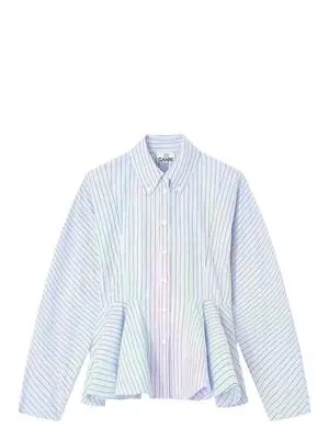 GANNI Stripe Peplum Cotton Shirt - Blue