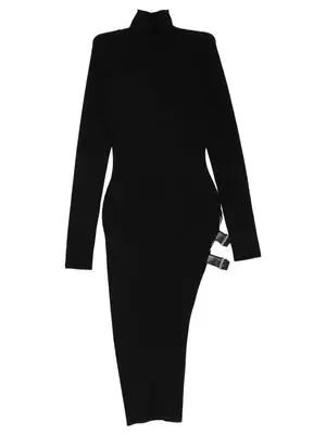 Blumarine Ribbed Knit Turtleneck Asymmetric Dress With Buckle Detail - Black