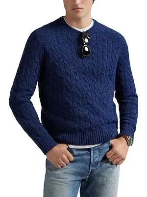 Polo Ralph Lauren Cable-Knit Sweater With Suede Patches Navy