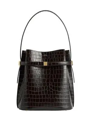 TOTEME Belted Croc-embossed Bucket Bag - Dark Brown