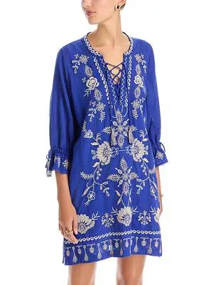 Johnny Was Tie-front Kimono Sleeve Embroidered Dress - Bluing