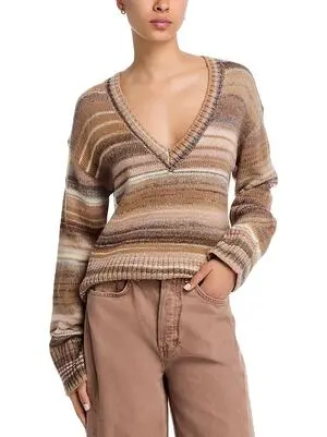 Veronica Beard Striped V-neck Sweater - Desert Khaki Multi
