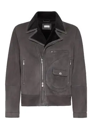 Brunello Cucinelli Shearling Biker Jacket Slate