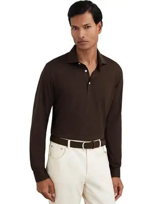 REISS Porofino Cotton-jersey Long Sleeve Polo Shirt Brown