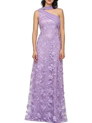 Js Collections Nola Embroidered Floral Scarf Detail One-shoulder Gown - Lilac