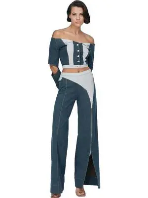 JENDUE Wide Leg Denim Jeans With Zip Detail - Deep Blue