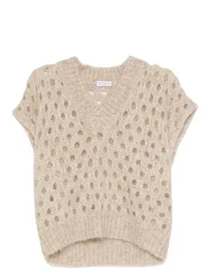 Brunello Cucinelli V-neck Open Knit Vest - Beige
