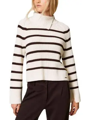 TWINSET Striped Ribbed Knit Sweater - Off White/chocaolate