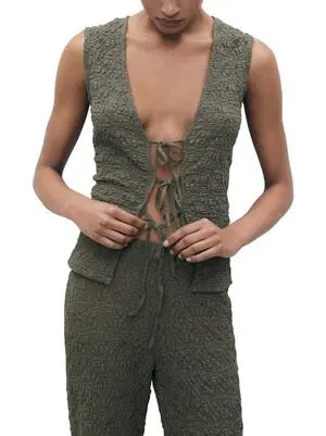 Mango Texture Bow Sleeveless Top - Khaki Grey
