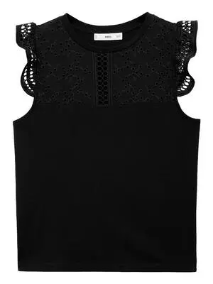 Mango Embroidered Eyelet Cotton Top Black