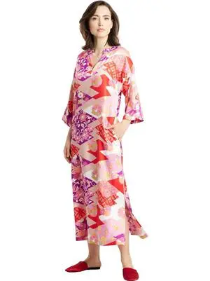 Natori Deco Satin Mandarin Caftan - Orange
