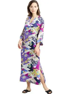 Natori Deco Satin Mandarin Caftan - Pink / Purple