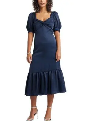 Chelsea28 Twist Front Puff Sleeve Satin Midi Dress - Navy Still