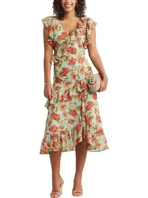 Chelsea28 Ruffle Tiered Chiffon Midi Dress - Green- Red Frannie Floral