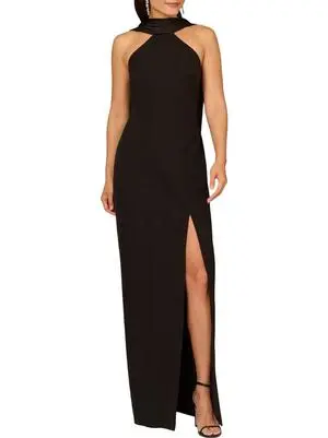 AIDAN MATTOX Bonded Crepe Halter Gown
