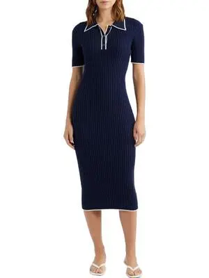 ZOE AND CLAIRE Collared Ribbed Knit Midi Dress - Navy/white