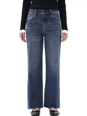 BAYEAS High-waist Straight Leg Jeans With Raw Hem - Vintage Dark Blue