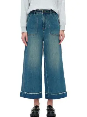 BAYEAS High-rise Wide Leg Jeans With Cuffed Raw Hem - Vintage Medium Blue