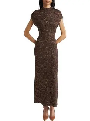 Lela Rose Funnel Neck Sequin Knit Maxi Dress - Chocolate