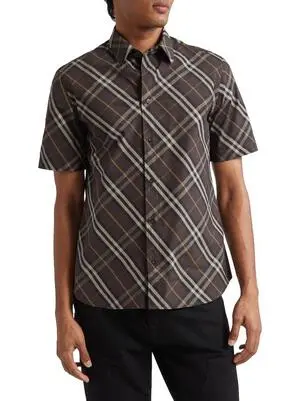 Burberry Robert Check Short Sleeve Cotton Button-up Shirt - Truffle Ip Check