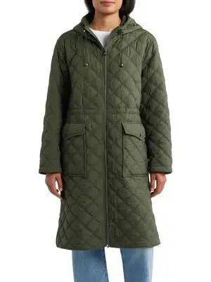 Bernardo Diamond Quilted Hooded Puffer Coat Olive