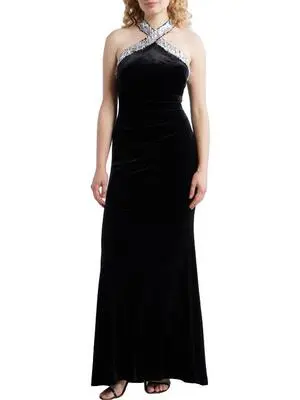 Eliza J Rhinestone Detail Velvet Gown - Black