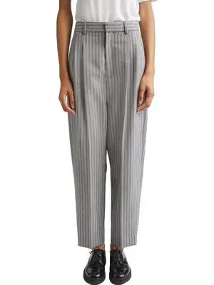 Partow Rosen Pleated Textured Stripe Virgin Wool Pants - Dark Grey Stripe