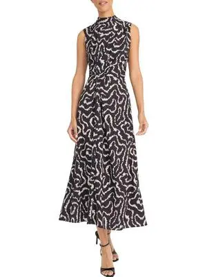 Maggy London Printed Mock Neck Sleeveless Midi Dress - Black/tan