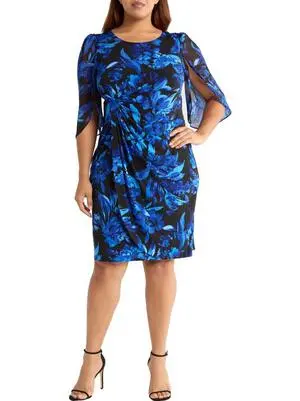 CONNECTED APPAREL Floral Cape Sleeve Dress - Saphire