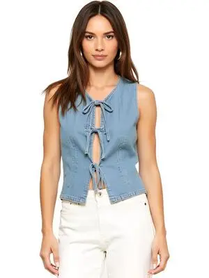 MODENAIRE Sleeveless Denim Top With Tie Front - Light Blue