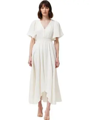 MODENAIRE V-neck Midi Dress With Flutter Sleeves And Handkerchief Hem - White