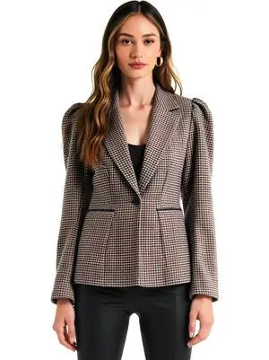 MODENAIRE Houndstooth Blazer With Puff Shoulders - Brown/beige Houndstooth