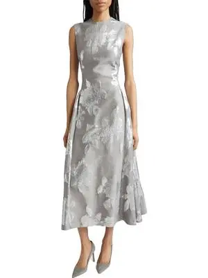 Lela Rose Sleeveless Metallic Fil Coupé A-line Midi Dress - Silver/grey