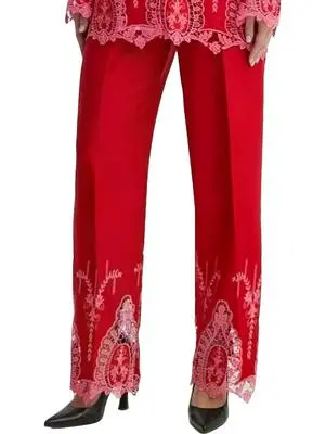 NEVER FULLY DRESSED High-waisted Floral Embroidered Trousers - Red