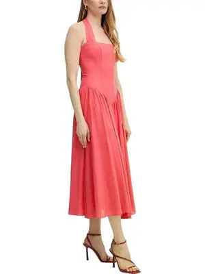 Bardot Halter-neck Gathered Skirt Midi Dress - Pink