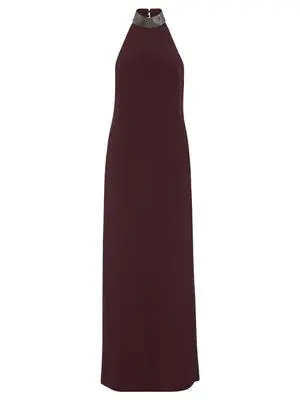 Brunello Cucinelli Halterneck Maxi Dress With Beaded Collar - Burgundy