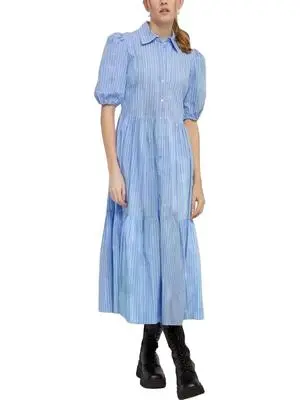 Desigual Striped Shirt Midi Dress With Puff Sleeves - Blue