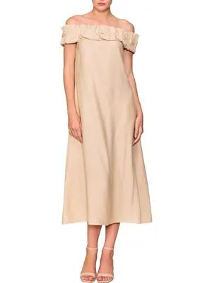 MELLODAY Off-the-shoulder Shift Midi Dress - Beige