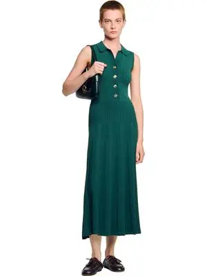 Sandro Sleeveless Knit Maxi Dress With Polo Collar - Dark Green