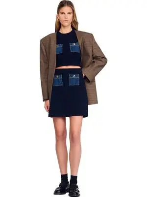 Sandro Ribbed Knit Mini Skirt With Denim Pockets - Navy Blue