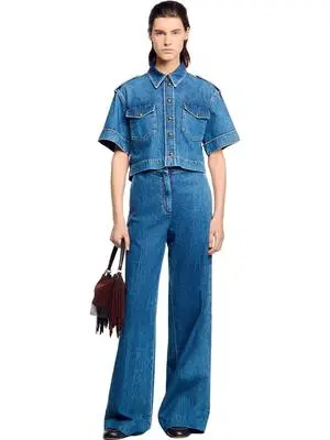Sandro Cropped Denim Shirt - Blue Jean