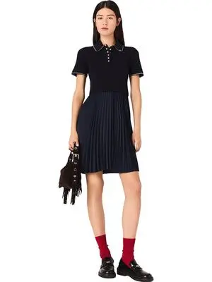 Maje Viscose Mini Pleated Polo Collar Dress - Navy