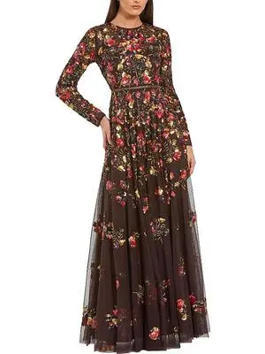 Mac Duggal Long Sleeve Floral Embellished Evening Gown - Espresso Multi