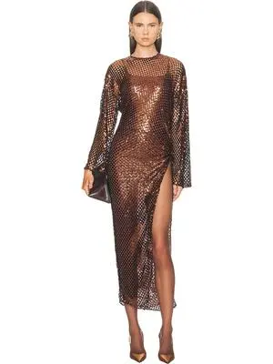 Attico Sequined Mesh Midi Dress - Dark Brown