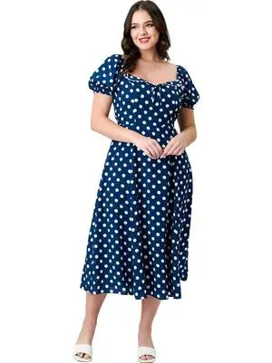 Unique Vintage Polka Dot Puff Sleeve Midi Dress - Navy/white