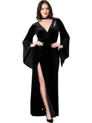 Unique Vintage Velvet Maxi Dress With Embroidery And Slit - Black