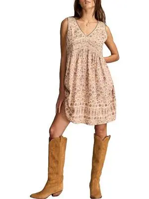 Lucky Brand Floral Embroidered Pintuck Cotton Mini Sundress - Taupe Floral
