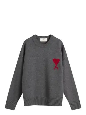 Ami AMI Paris Felted Merino Wool Knit ADC Crew Neck Jumper Gris Chine/rouge