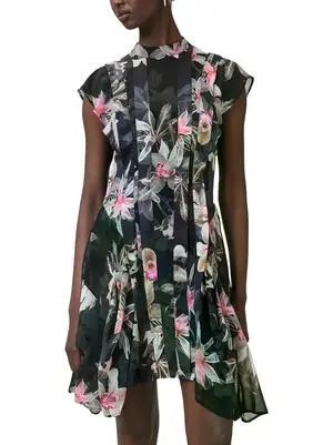 ALLSAINTS Floral Print Pleated Dress - Black