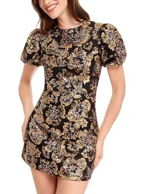 Dress The Population Sequin Floral Puff Sleeve Dress - Gold Multi